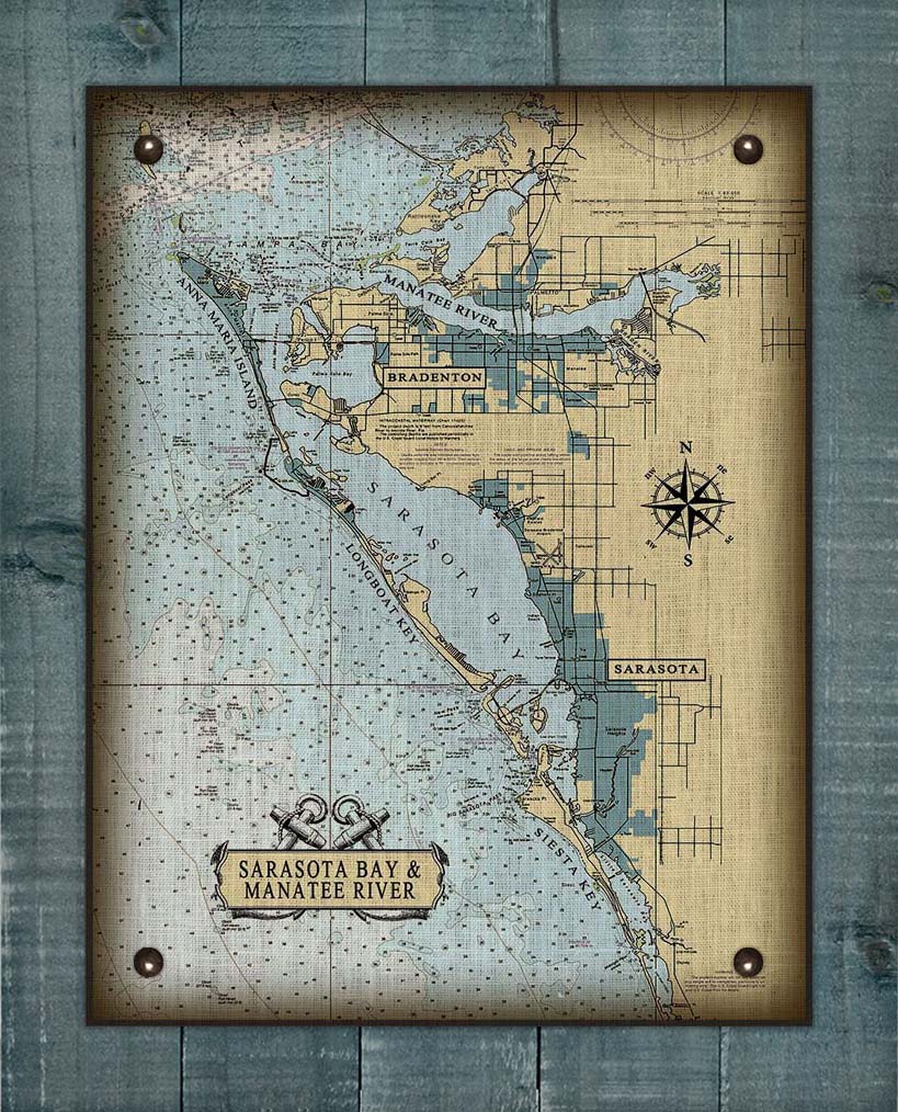 Sarasota Bay And Manatee River Nautical Chart Board Mounted Canvas Pri ...